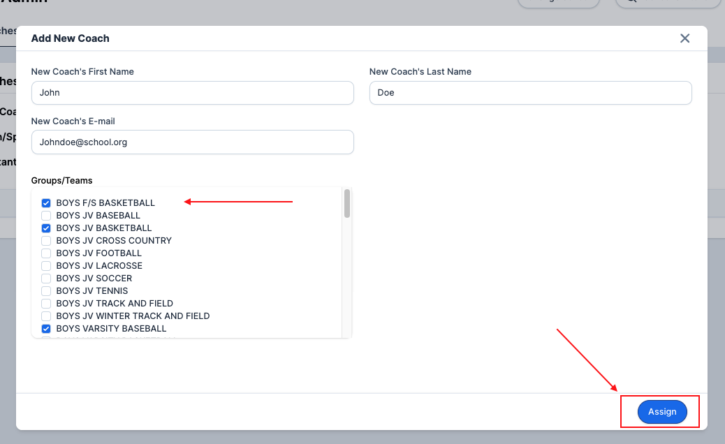 Add Coaches and Administrators in Registration
