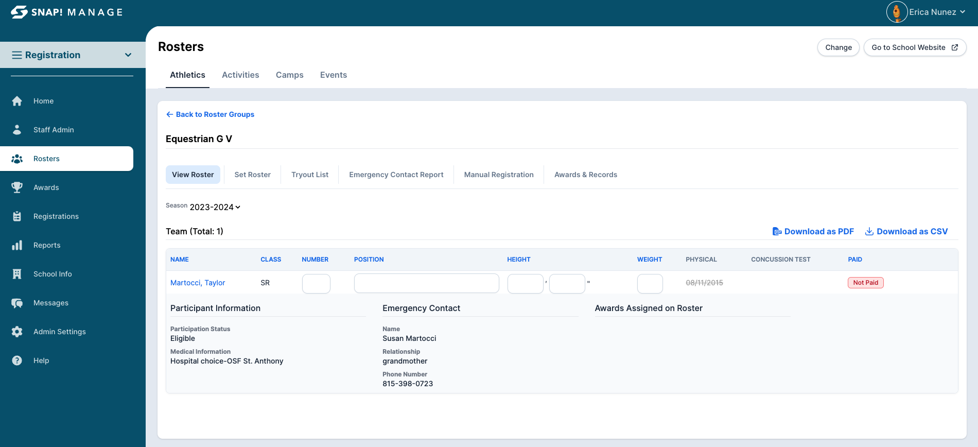 Print Rosters and Emergency Contact Reports