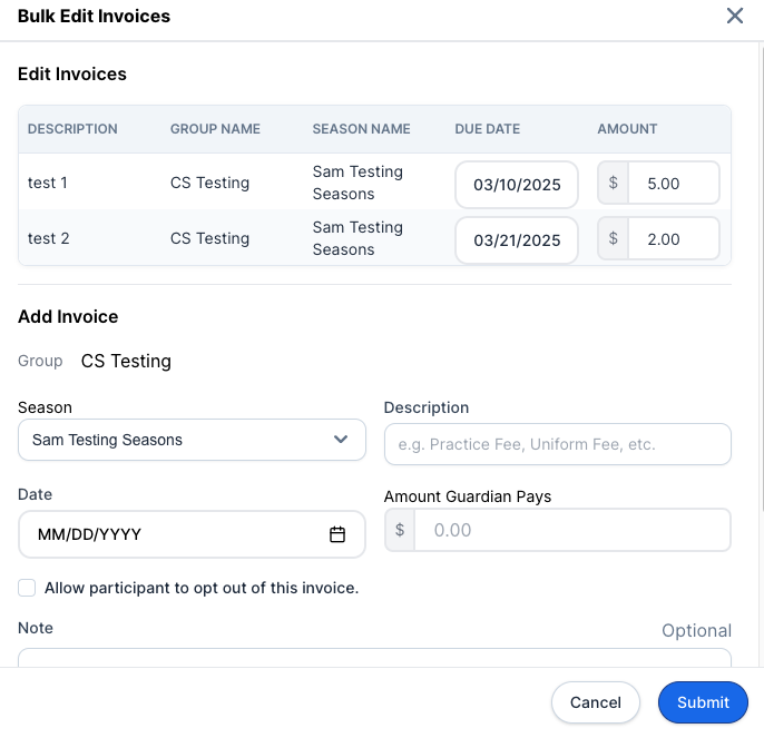 Bulk Edit An Individual Player's Invoices