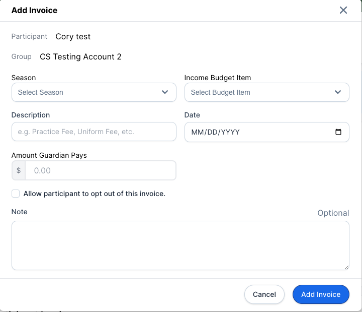 Adding an Invoice to an Individual Player